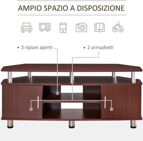 HOMCOM Klasická TV stojan do obývacího pokoje se 2 policemi a 2 skříňkami, MDF a nerezová ocel, hnědá, 120x39,5x52cm