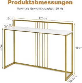 Costway Moderní stolek do předsíně 120 cm s mramorovým vzhledem a zlatým kovovým