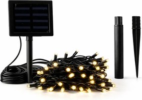 LED venkovní solární světýlka na zahradu, 5 m, teple bílá, 50 diod, černý kabel, IP44, solární panel
