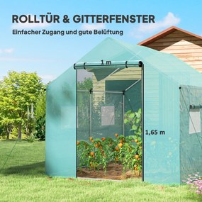 Fóliový skleník Outsunny 2x3x2m odolný proti větru s rolovacím oknem a UV ochranou, ideální pro rajčata, robustní ocelová konstrukce v zelené barvě |