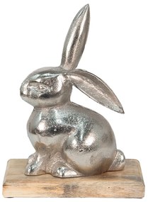 Dekorace stříbrný kovový králík na dřevěném podstavci - 21*11*28 cm