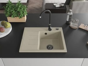 Mexen Ben, 1-komorový granitový dřez 600x500x190 mm, pravý + černý sifon, béžová, 6523605000-69-B