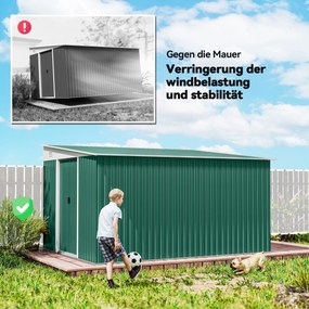 Outsunny Kovový zahradní domek se šikmou střechou a zamykatelnými dvojitými dveřmi 2,8 x 3,45 x 2,01 m, zelený
