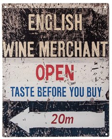 Černobílá antik nástěnná kovová cedule English Wine Merchant - 20*1*25 cm