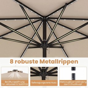 Costway Slunečník 270 cm se solárním LED osvětlením Větruodolný s 8 žebrováním