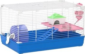 Klec PawHut pro křečky, dům pro hlodavce s běhacím kolem, miskou na krmivo, napáječkou, domečkem a rampami pro myši páskové 47x30x27 cm modrá