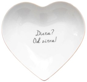 Bella Rose Porcelánový talířek ve tvaru srdce Dieta? Od zítra! 16 cm, bílá barva, zlatá barva, porcelán