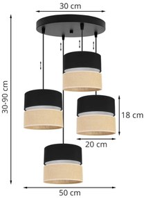 Závěsné svítidlo Juta, 4x jutové/černé textilní stínítko, o, b
