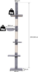 PawHut škrabadlo stropní vysoké šedé 40x34x230-260cm, výškově nastavitelný strom pro kočky se sisalovými sloupky pro šplhání a škrábání