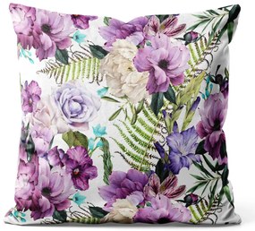 Dekorační velurový polštář Radostná kytice - kompozice fialových květů na bílém pozadí