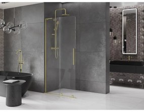 Mexen Velar L, posuvná sprchová zástěna Walk-in 90 x 200 cm, 8mm čiré sklo, zlatá matná, 871-090-003-03-55