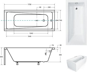 Besco Modern akrylátová vana 120x70, 130x70, 140x70, 150x70, 160x70, 170x70 Délka vany 130 cm