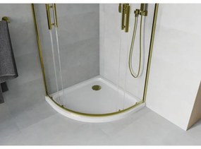 Mexen Rio, čtvrtkruhový sprchový kout s posuvnými dveřmi 80 (dveře) x 80 (dveře) x 190 cm, 5mm čiré sklo, zlatý profil + bílá sprchová vanička SLIM, 863-080-080-50-00-4110G