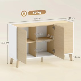 HOMCOM kuchyňské buffet, severský úložný nábytek, 3 dveře se soft-close, 6 přihrádek, přírodní vzhled dřeva a bílá