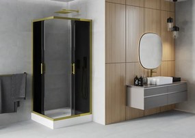 Mexen Rio, čtvercový sprchový kout s posuvnými dveřmi 90 (dveře) x 90 (dveře) x 190 cm, 5mm šedé sklo, zlatý profil + černá sprchová vanička RIO, 860-090-090-50-40-4510