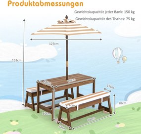 Costway Piknikový stůl se slunečníkem a lavice a set hnědé, hnědý
