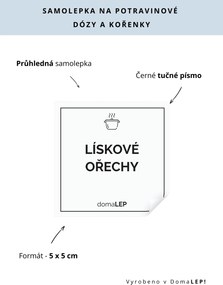 LÍSKOVÉ OŘECHY MLETÉ – průhledná samolepka na dózu, tučné písmo, 5 x 5 cm | DomaLEP