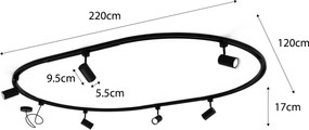 Moderní kolejnicový systém s 8 černými bodovými světly, jednofázový, oválný, 200 cm - Iconic Jeana