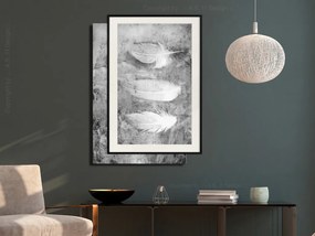 Plakát Pomíjivé Tajemství - tři pera na pozadí betonu v černo-bílé textuře