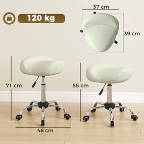 HOMCOM Nastavitelná pojízdná stolička 55–71 cm, sedák typu sedlo s tlustým polstrováním, 360° otočná – krémová