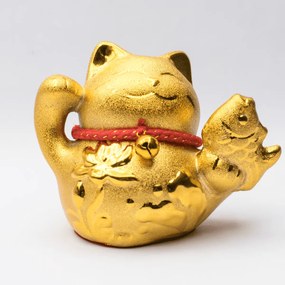 Milujeme Kameny Maneki neko - zlatá mávající kočička s rybou - feng shui