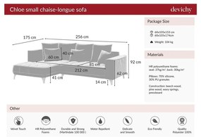 Tmavě zelená sametová rohová pohovka Devichy Chloe, pravý roh, 256 cm