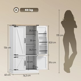 HOMCOM kuchyňský buffet, kuchyňská skříňka s 4 dveřmi, 6 držáků na koření a nastavitelné police, 76,3 x 40 x 136 cm, bílá