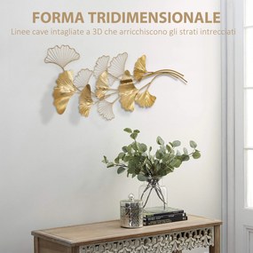HOMCOM 3D Kovová Nástěnná Dekorace, Zlatá Nástěnná Umělecká Díla s Listy Ginkgo 138x70cm