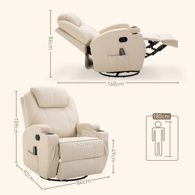 HOMCOM Relaxační křeslo s funkcí polohování, elektrické masážní křeslo, 5 masážních režimů, imitace kůže, krémově bílá, 84x92x109cm| Aosom