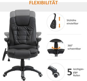 HOMCOM Kancelářské křeslo Manažerské křeslo s 6bodovou vibrační masáží a funkcí vyhřívání, imitace kůže, otočné, 62x68x111-121cm| Aosom