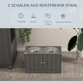 PawHut Vyvýšená krmná stanice se 2 nerezovými miskami a úložným prostorem o objemu 44 l, magnetická dvířka, pro velké psy, šedá barva
