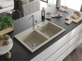 Mexen Hektor, 2-komorový granitový dřez 800x480x205 mm, béžová, chromový sifon, 6521802000-69