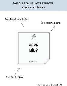 Samolepka na kořenky PEPŘ BÍLÝ průhledná 5 × 5 cm tučné písmo