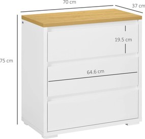 HOMCOM Bílá Komoda se 3 Zásuvkami z Dřevotřísky pro Ložnici, Kancelář a Obývací Pokoj, 70x37x75cm