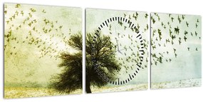 Obraz - Malované hejno ptáků (s hodinami) (90x30 cm)