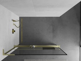 Mexen Kioto+ L, sprchová zástěna Walk-In s poličkou a věšákem 100 x 200 cm, 8mm čiré sklo černý vzor, ​​zlatý matný profil, 800-100-123-55-70