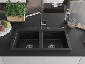Mexen Hektor, 2-komorový granitový dřez 800x480x205 mm, černá-stříbrná metalíza, chromový sifon, 6521802000-73