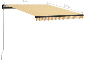 vidaXL Marketos Ručně zatahovací markýza s LED světlem 300 x 250 cm žluto-bílá