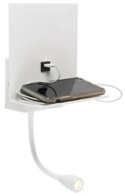 Moderní nástěnná lampa bílá s USB a flexibilním ramenem - Flero