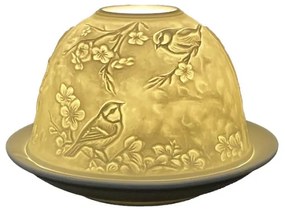 Bílý porcelánový svícen na čajovou svíčku s ptačí rodinkou a kytičkami – 12x8 cm