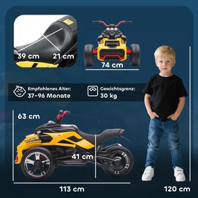 Qaba Elektrické dětské vozidlo, design tříkolky s reverzem, bateriové, MP3 přehrávač, klakson, 2 rychlosti, LED světla, 3-8 let, Žlutá