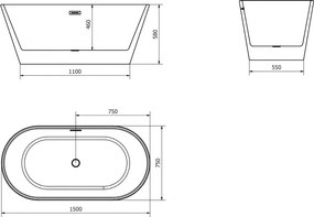 Mexen Flavia, volně stojící vana 150 x 75 cm, bílá-černá, zlatý lesklý přepad, 54031507575-50