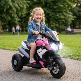 HOMCOM Elektrická dětská motorka, světla a zvuky, 3 km/h, dobíjecí, plast a kov, růžová/bílá