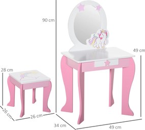Dětský toaletní stolek s designem jednorožce HOMCOM - včetně stoličky - 49D x 34Š x 90V cm - zásuvka, zrcadlo - MDF - Růžová Bílá