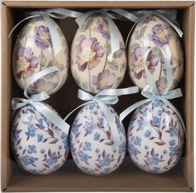 6ks dekorace bílé a béžové závěsné vajíčko s květy Spring Egg - Ø 7*10 cm