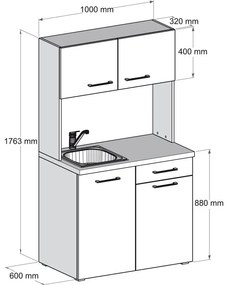 Kuchyňka PRIMO s dřezem a baterií, bílá/dub přírodní