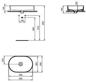 Ideal Standard Strada II - Umyvadlo na desku 600 x 400 mm, bez přepadu, bez otvoru, Bílá, T298101