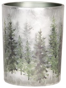 Sada 2 šedé skleněné svícny zelené jehličnaté stromky – 10x22 cm