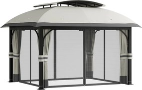 Outsunny Pavilón s Dvojitou Střechou, 4x3,3m Vodotěsný Pevný Zimní Zahradní Pavilón s Moskytiérou a Bočními Panely, Zahradní Pavilón z Pozinkovaného K