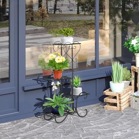 Outsunny Metalový Stojan na Květiny 4 Úrovně - Stojan pro Květiny na Balkon a do Zahrady, Černý 45 x 24,5 x 80 cm